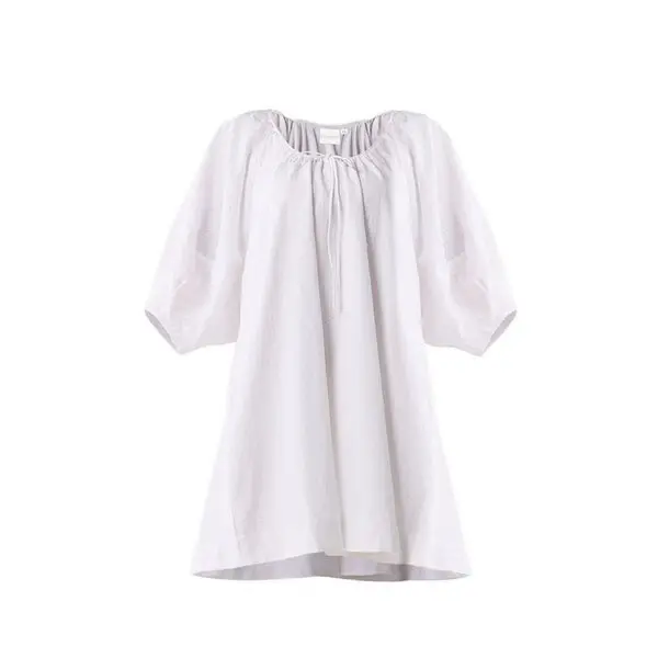 REISTOR Puff Sleeved Dress With Drawstring Neckline - White