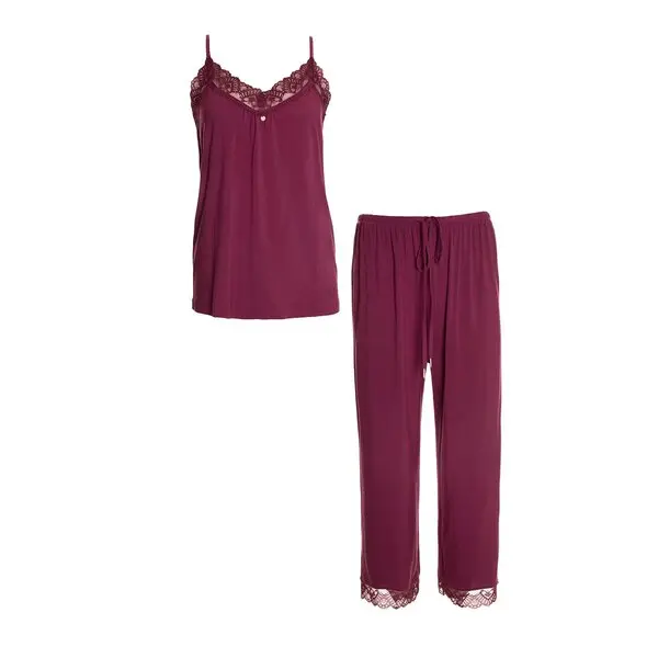 PRETTY YOU Bamboo Lace Cami Cropped Trouser Pj Set In Bordeaux - Red