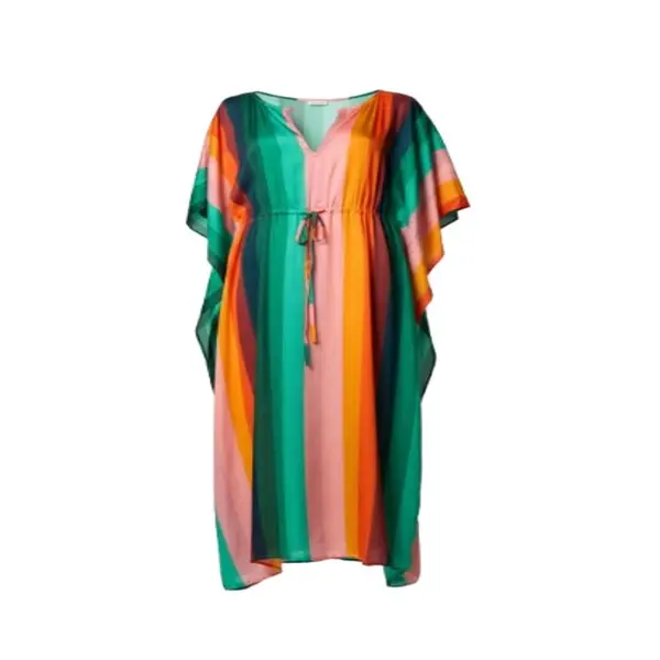 Saachi Multicolor Striped Tie Waist Keyhole Kaftan - Green