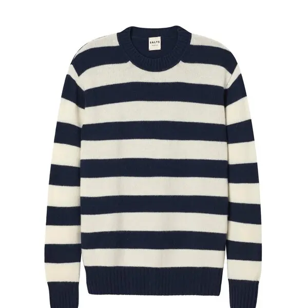 SALTS CASHMERE Lofty Knit Crew Neck Sweater Navy & Soft White - Blue/white