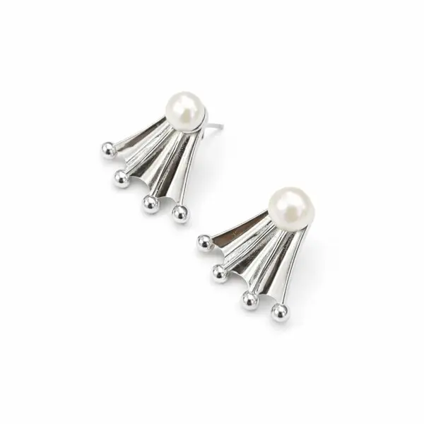 PEARL CODE Paw Crown Pearl Stud Earrings, Architectural Silver Design - White