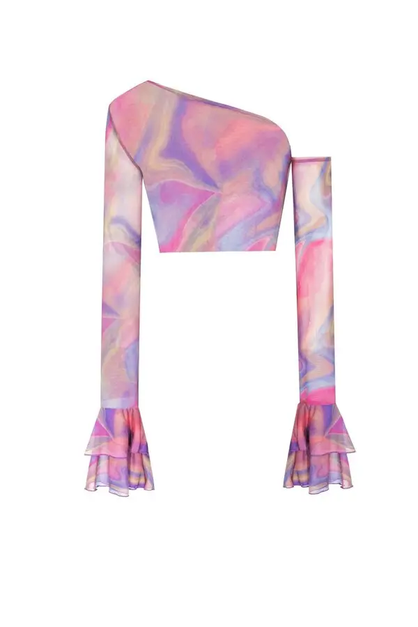 NO'DESIGN Sheer Crop Top With Ruffled Sleeves - Purple