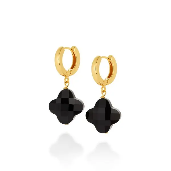 NELLOU JEWELLERY Clover Gem Hoop Earrings Agate Gold Plated Sterling Silver - Black