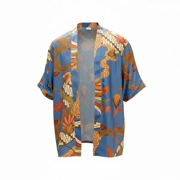 ORIGIN OF HEARTS Simba Floral Festival Satin Kimono Shirt - Blue