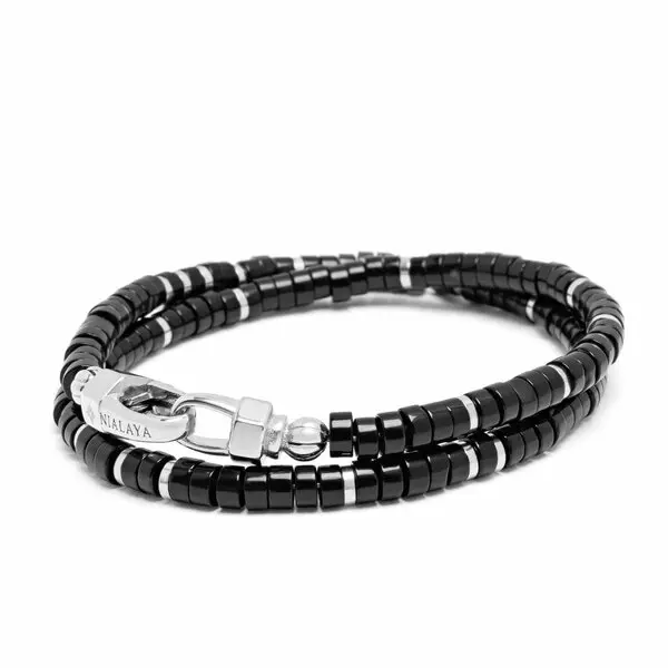 NIALAYA JEWELRY Black / Silver Black Onyx Heishi Wrap Bracelet In Silver - Black/silver