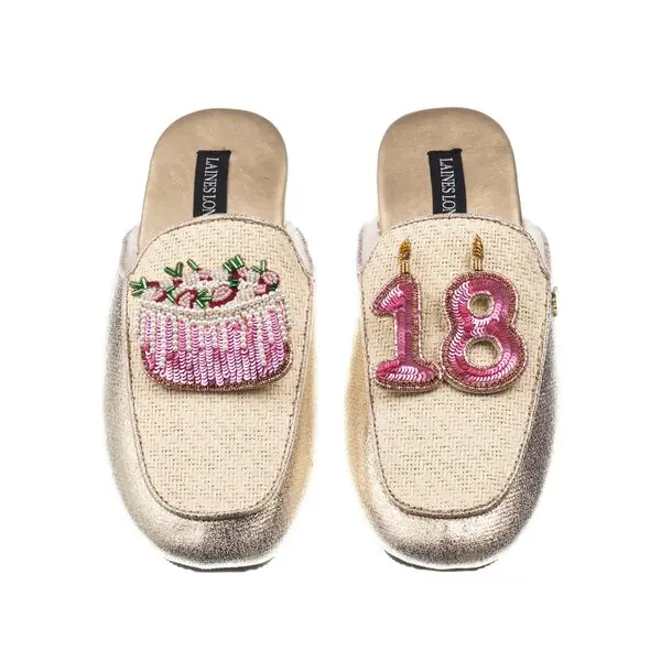 LAINES LONDON Neutrals Classic Mules With 18th Birthday & Cake Brooches Cream - Gold