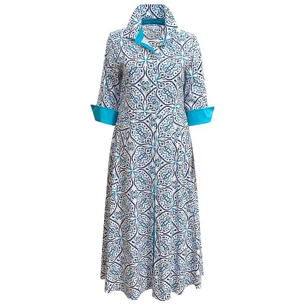 PERLAVERA Neila Capri Tile Printed Three Quarter Sleeve Flared Bottom Maxi Dress