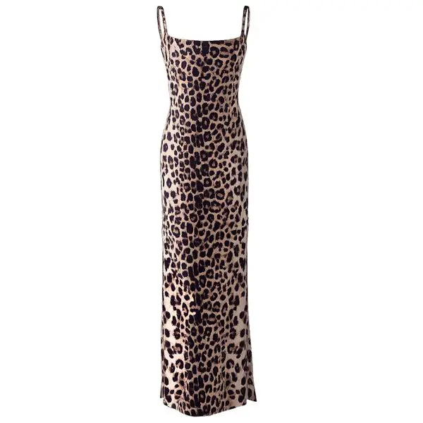 Loveist Store Brown / Black Leopard Print Satin Maxi Dress – Bodycon Slip Dress - Brown/black
