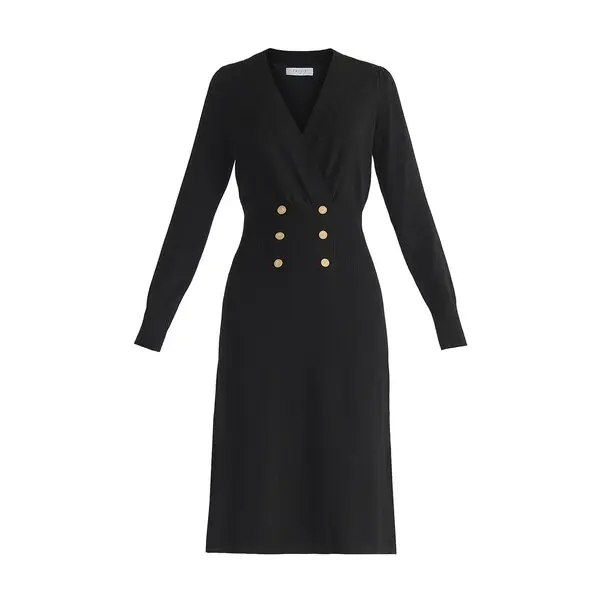 PAISIE Long Sleeve Knitted Button Wrap Dress - Black