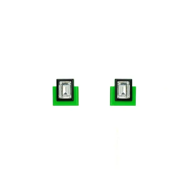 GISSA BICALHO Handmade Acrylic Earring S Deco Rectangular Cut-off Stone - Green