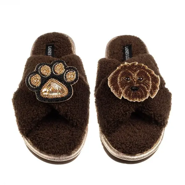 LAINES LONDON Neutrals Boucle Slippers With Paw & Chocolate Cockapoo Brooches Chocolate