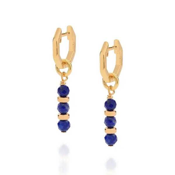 NELLOU JEWELLERY Blue / Gold Linear Huggie Birthstone Earrings September Gold Plated Sterling Silver Lapis - Blue/gold
