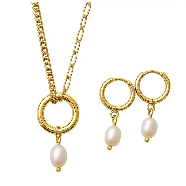 MY LITTLE NATURE Gold / White Gold Plated Pearl Necklace And Earrings Set – Handmade Freshwater Pearl Jewelry Set For Her - Gold/white