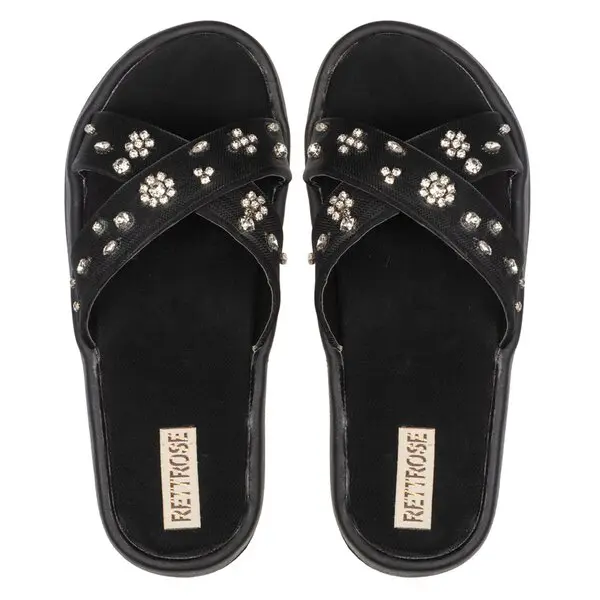 RETTROSE The Giana Luxury Cross Over Embellished Slides - Black