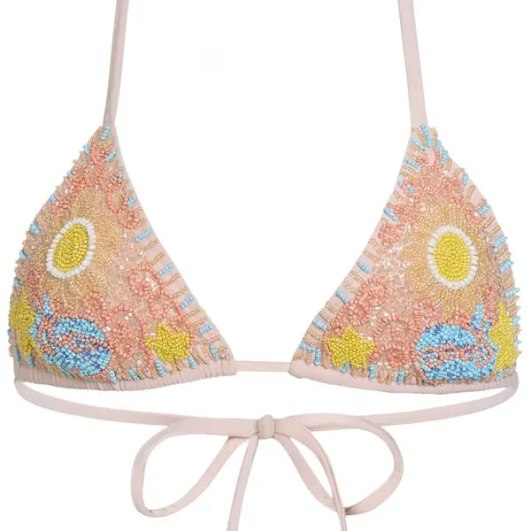 SELF-ADORE Neutrals / High Tide Hand-beaded Embellished Bikini Top- Sand - Brown
