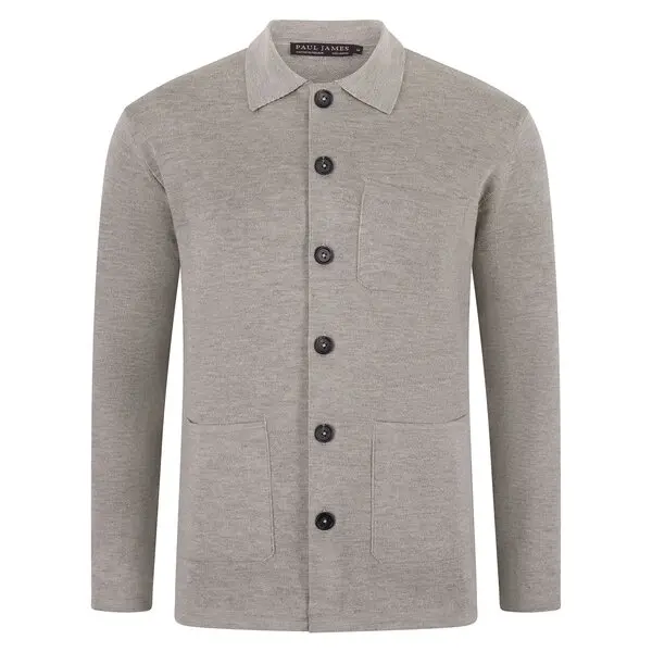 PAUL JAMES KNITWEAR Extra Fine Merino Wool Fabrizio Work Shirt Barley - Grey