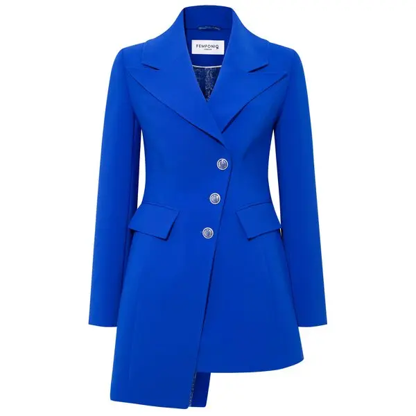 FEMPONIQ Asymmetric Double Breasted Tailored Blazer Royal - Blue