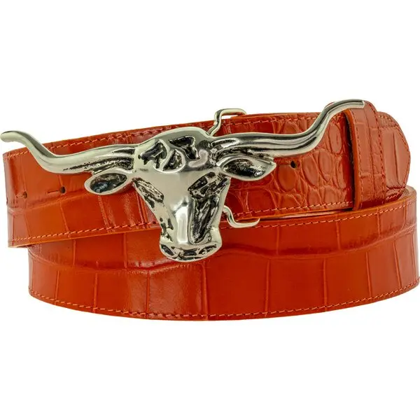 PEACHY BELTS LTD Orange / Silver Silver Steers Head Buckle On Orange Croc Print Belt - Orange/silver