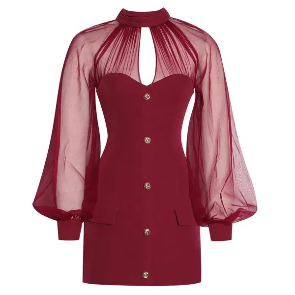 MISS CIRCLE NEW YORK Tabitha Burgundy Mesh Lantern Sleeve Mini Dress - Red