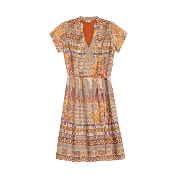 NIZA Short Dress With A Neckline Decorated With Beads And Short Sleeves - Brown