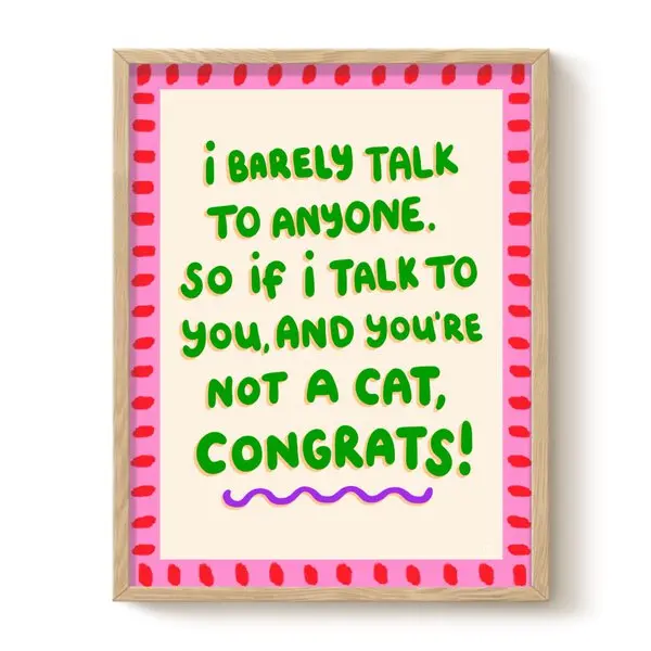 THE PAPER TAIL Green / Pink Barely Talk To Anyone Cat Art Print A3 - Green/pink
