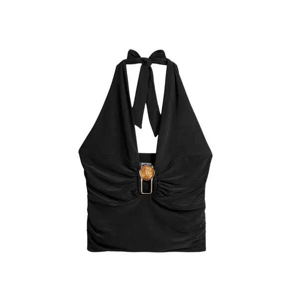 NOCTURNE Deep V Halter Detail Blouse - Black