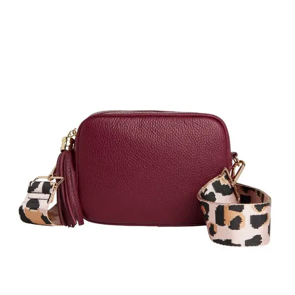 BETSY & FLOSS Verona Crossbody Burgundy Tassel Bag With Light Leopard Strap - Red