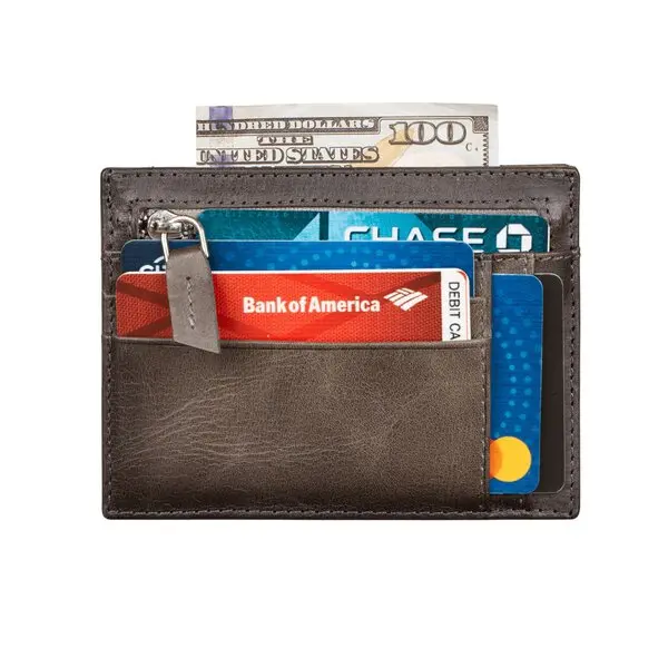 LEATHERE Vibrant Leather Card Holder With Zipper Pocket Gray Concord - Grey