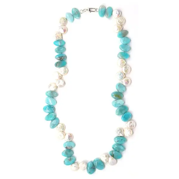 Shar Oke Silver / Blue Peruvian Amazonite & Freshwater Pearl Necklace
