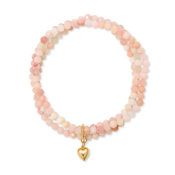 HEATHER HAWKINS Puff Heart Charm Three Strand Gemstone Stretch Bracelet Gold-filled Opal - Pink