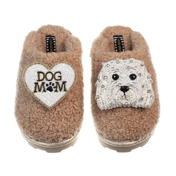 LAINES LONDON Teddy Closed Toe Slippers With Queenie The Bichon Frise & Dog Mum / Mom Brooches Toffee - Brown