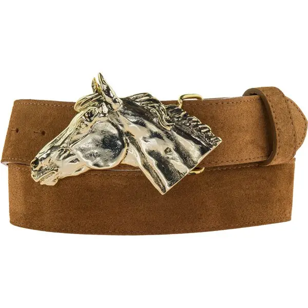 PEACHY BELTS LTD Gold Horse Head Belt Buckle On Chestnut Suede Leather Belt - Brown