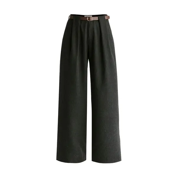 PAISIE Belted Wide Leg Trousers With Box Pleats In Charcoal - Grey