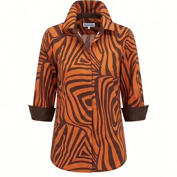 PERLAVERA Brown / Orange Nancy Retro Orange Three Quarter Sleeve Length Missy Fit Shirt - Brown/orange