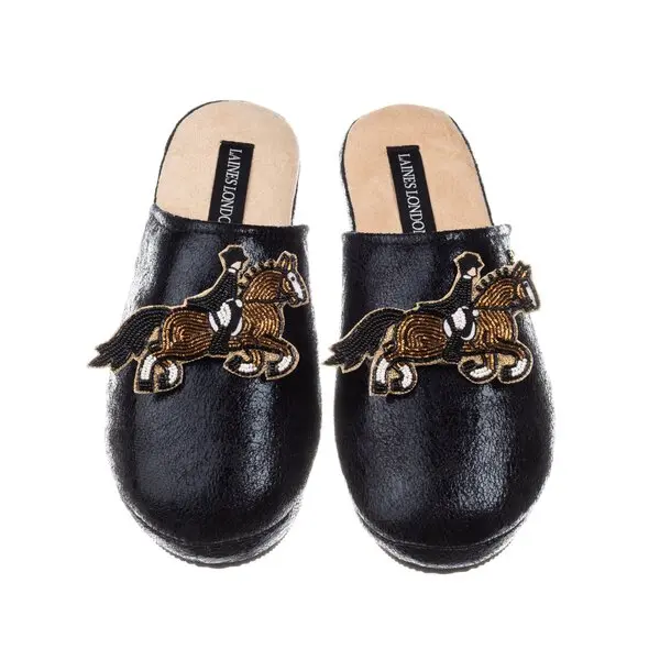LAINES LONDON Softie Slippers With Dressage Horse Brooches - Black
