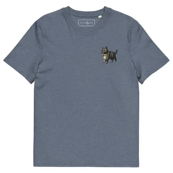 ANCHOR & CREW Heather Cool Cat Actual Life Organic Cotton Embroidered T-shirt - Blue