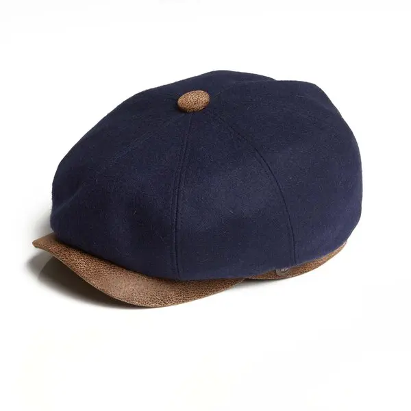 DASMARCA HATS Eden Navy Wool Newsboy Bakerboy Peaky Cap With Leather Visor Peak - Blue