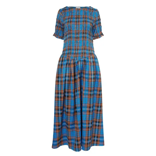 AMY LYNN Beatrix Pure Cotton Smocked Plaid Midi Dress - Blue