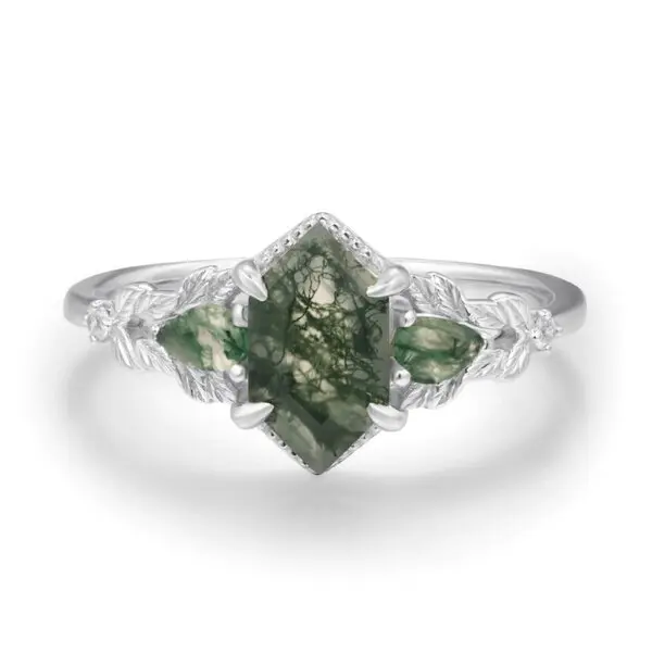 AZURA JEWELRY NEW YORK Gardenia Moss Agate Ring Solid White Gold - Silver