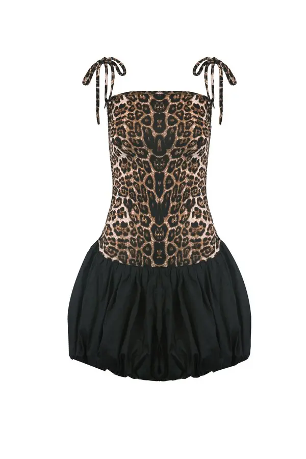 AMY LYNN Alexa Leopard Print Puffball Ultra Mini Dress - Black