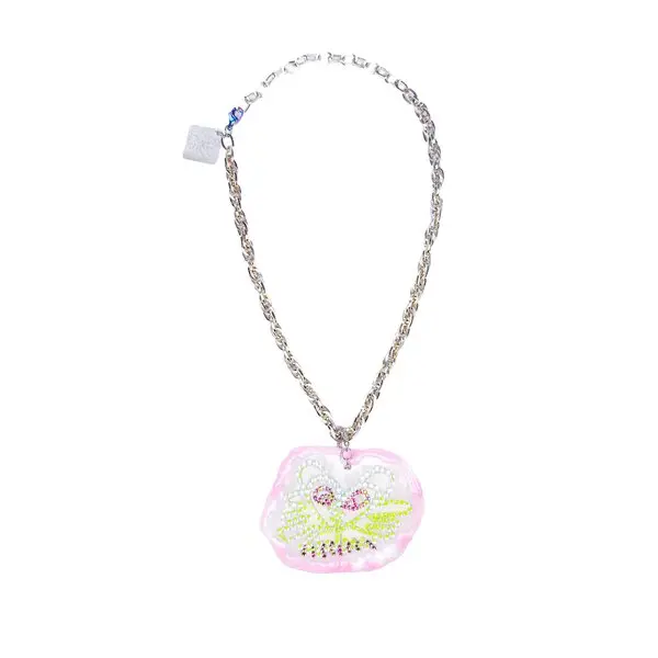 ACID CAT Acid Kitty Neon Yellow Sparkle Iridescent Necklace - Pink