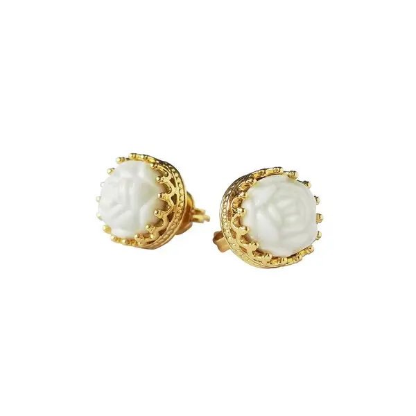 POPORCELAIN White / Gold Mini Porcelain Rose Stud Earrings - White/gold