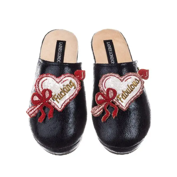 LAINES LONDON Softie Slippers With Fucking Fabulous Hearts Brooches - Black