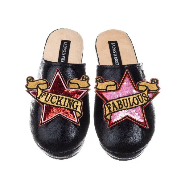 LAINES LONDON Softie Slippers With Red & Pink Fucking Fabulous Brooches - Black