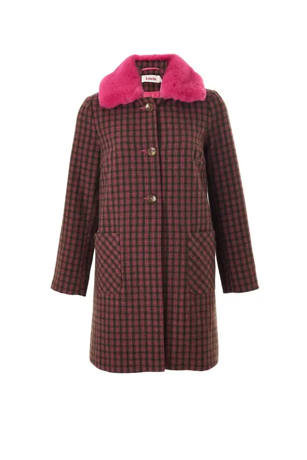 LOUCHE Dryden Wyoming Check Faux Fur Collar Coat - Pink