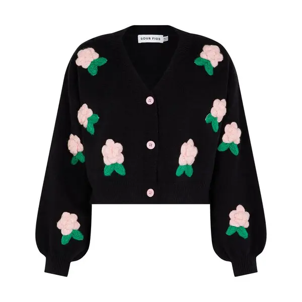SOUR FIGS Flower Detail Knit Cardigan - Black