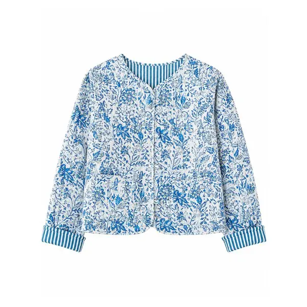 YUMI Boho Floral Print Cropped Reversible Cotton Quilted Jacket - Blue