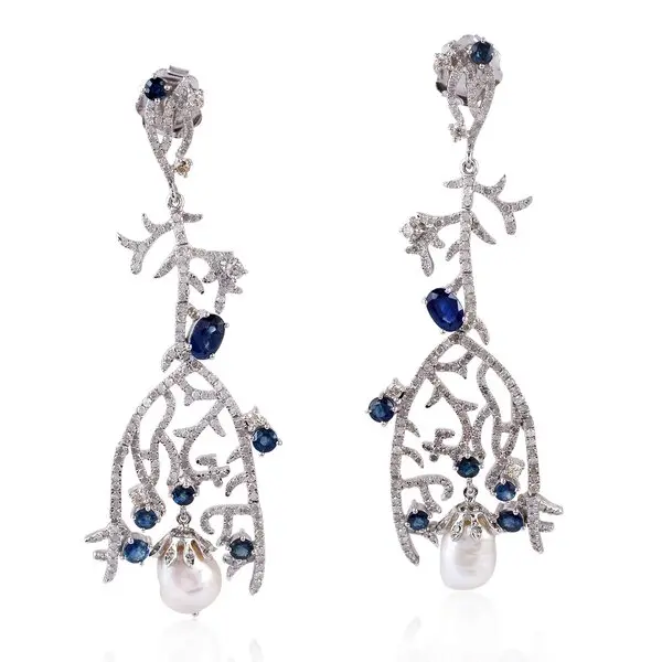 ARTISAN White / Blue Sapphire, Pearl & Diamond Chandelier Earrings In Silver & 18k White Gold - White/blue