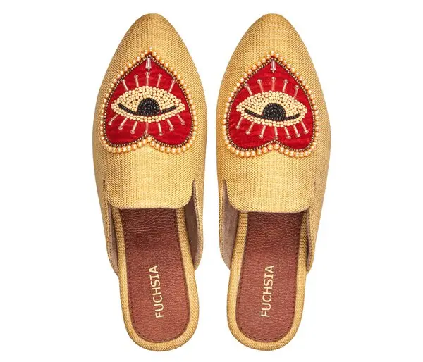FUCHSIA SHOES Neutrals / Nazar Royale Handmade Heart Patch With Beaded Eye Embroide Jute Mules By - Red
