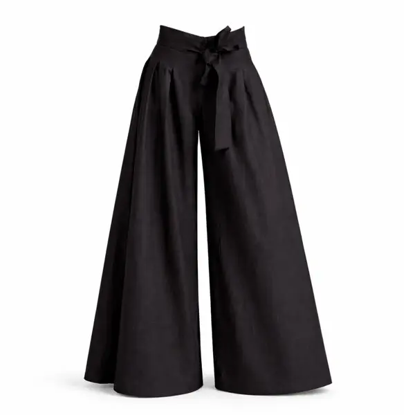 NIKKA PLACE Wrap Around Wide Leg Linen Pants With Front Tie - Black